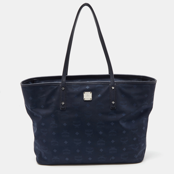 MCM | Bags | Mcm Navy Blue Visetos Nylon And Leather Tote | Poshmark